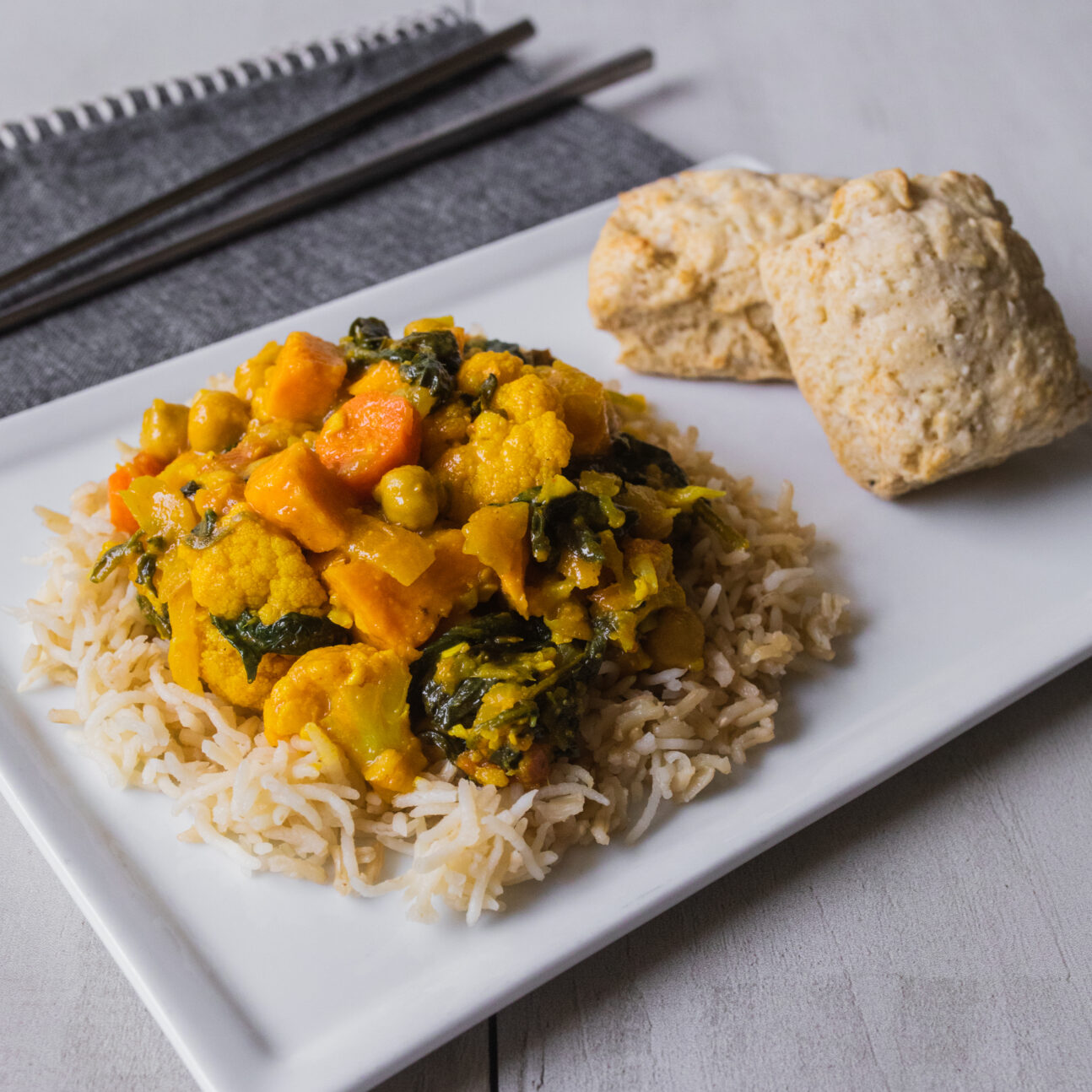 South Indian-Style Vegetable Curry over Steamed Rice with Garam Masala ...